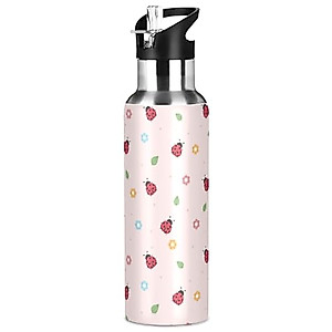 Ladybugs-flower-pattern Insulated Water Bottle with Straw, Stainless Steel Sports Water Bottles, Double Wall Vacuum, Leakproof, BPA-Free 20 oz