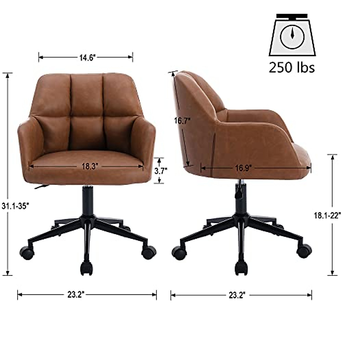 VESCASA Adjustable Home Office Desk Chair with Comfy Square Tufted Mid-Back, Faux Leather 360 Swivel Upholstered Task Armchair with Wheels for Teens Bedroom/Living Room, (Brown)