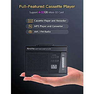 Arsvita Portable Cassette Player and Recorder, Cassette to MP3 Digital Converter, AM/FM Radio Tape Walkman, Support 4-32G Micro SD Card, Build-in Speaker and Microphone, Black