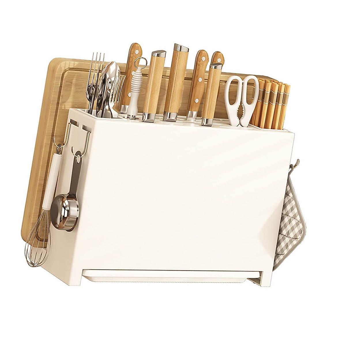 JOROBURO Kitchen Knife Drying Holder, Integrated Chopsticks Cutting Board Storage Rack Organizer, Knife Storage Rack Multi Use Kitchen Utensil Organizer for Kitchen White