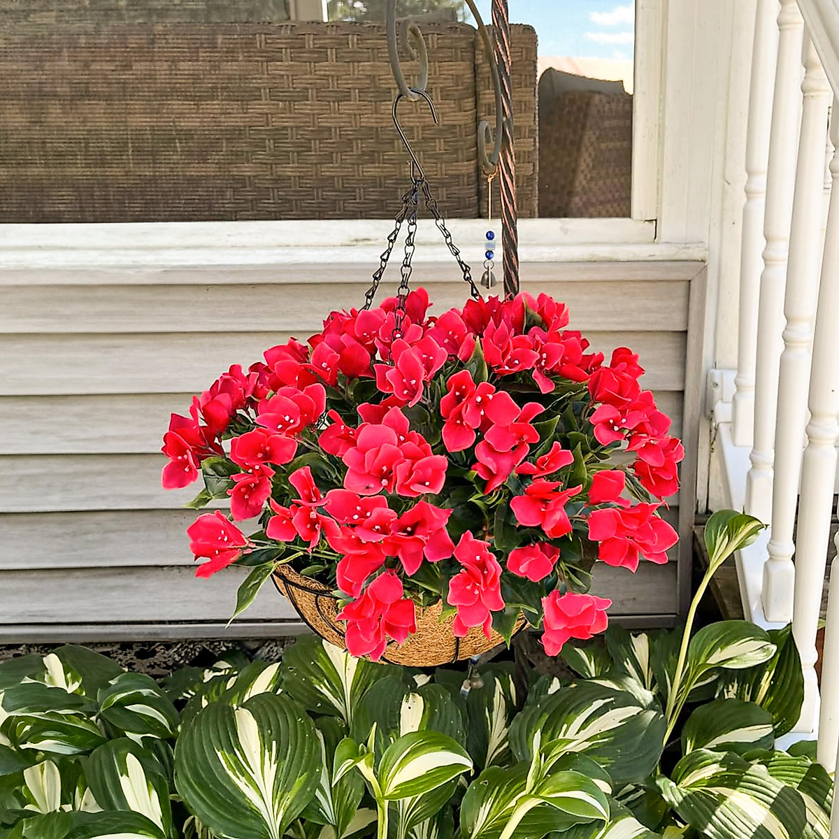 Artificial Fake Fall Hanging Flowers Plants Basket for Outdoor Autumn Decor, Faux Silk Bougainvillea Flowers in Planter Look Real UV Resistant Faux Flowers Arrangement for Porch Home Patio Garden, Red