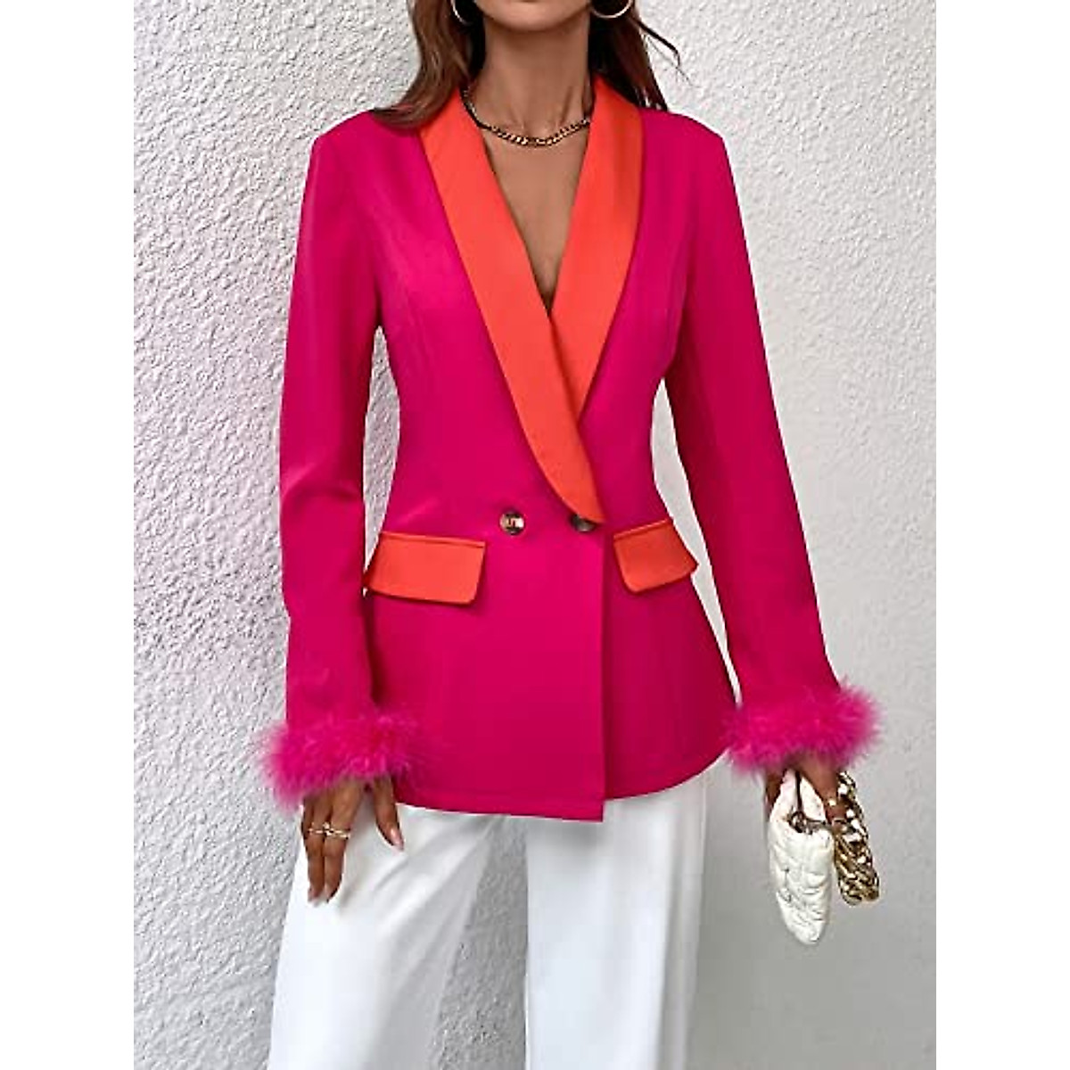 WDIRARA Women's Colorblock Fuzzy Trim Shawl Collar Double Button Work Office Jacket Blazer Pink and Orange S