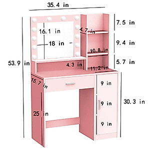 Vanity Desk with Mirror & Light, Large Drawer & Three Level Storage Dresser, 3 Lighting Modes Adjustable Brightness, Bedroom Dressing Table (Pink)