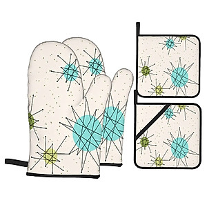 4-Piece Oven Glove and Pot Holder,Iconic Atomic Starbursts,Heat-Resistant Oven Glove and Pot Holder,Can Be Used for Cooking and Grilling, Orange