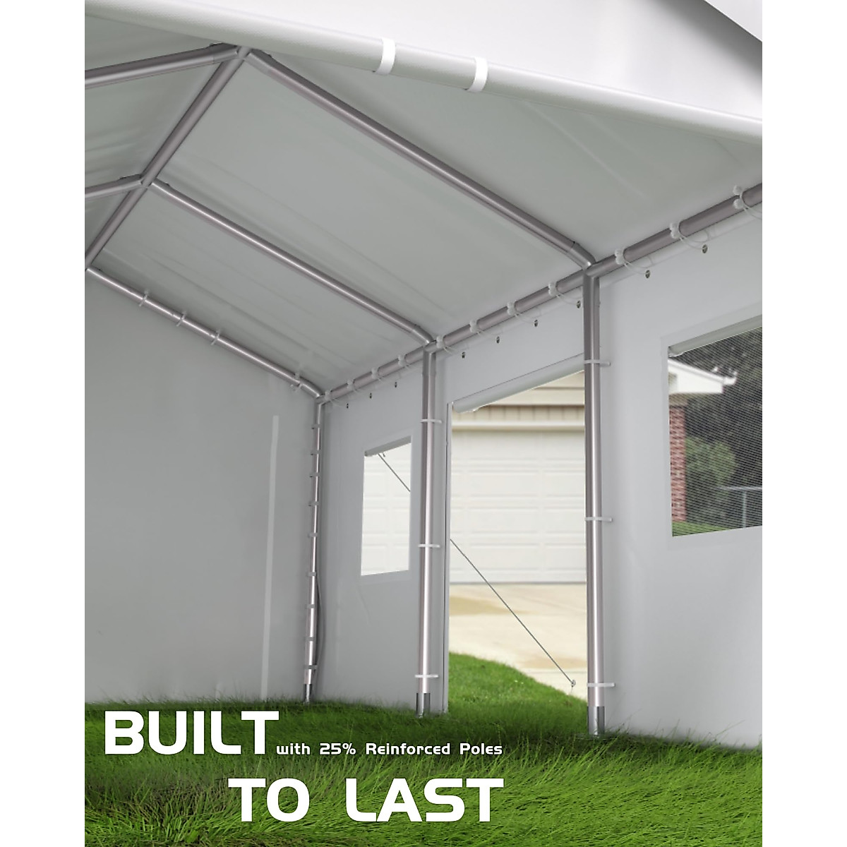 KYBOLT 13 x 20 Ft Heavy-Duty Carport, Portable Garage, 180g PE Waterproof Canopy and 8 x 1.0 mm Poles for Full-Size Pickup Trucks, Boats, and SUVs - White