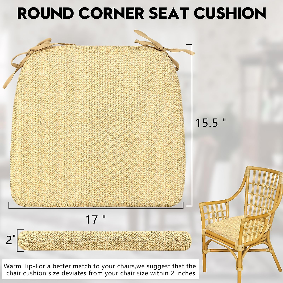 Outdoor Chair Cushions, 17x15.5 Inch Indoor Chair Pads with Ties Waterproof U-Shape Seat Pads Round Corner Memory Foam Seat Cushions for Garden Patio Furniture Chair Home Office Set of 2