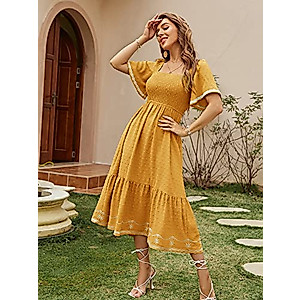 Glamaker Women's Short Sleeve Smocked Square Neck A Line Summer Flowy Midi Dress