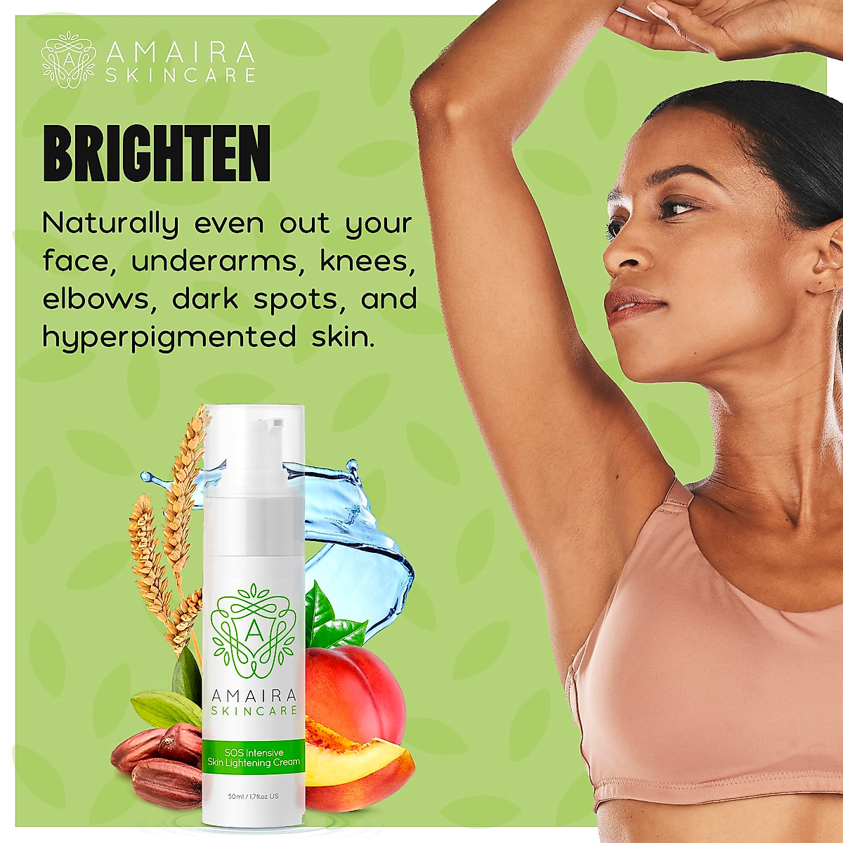 Amaira SOS Intensive Skin Lightening Cream - Natural Brightening Cream and Dark Spot Remover for Body - for Face, Underarms, Knees, Elbows, Dark Spots (1.7 fl oz)
