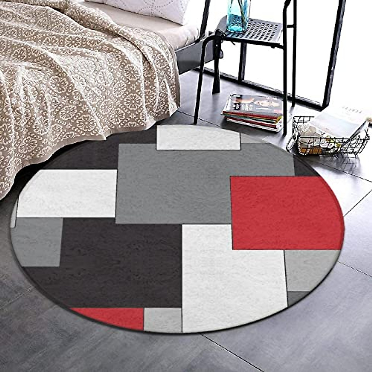 Super Soft Round Area Rug Play Mat Circle Floor Mat Carpet Mat for Bedroom Living Room Nursery Decor, 3ft Diameter, White Grey Black Red Irregular Geometric
