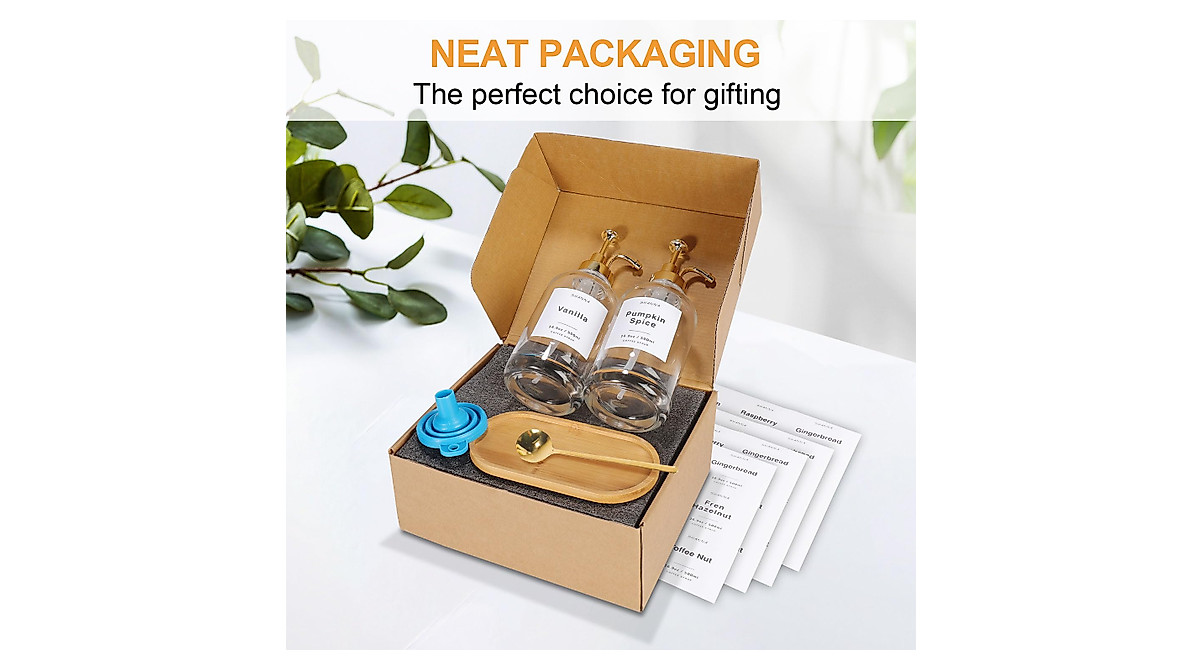 Coffee Syrup Dispenser Set with Labels & Bamboo Tray | SHANNA