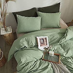 Modern Style Sage Green Duvet Cover Queen Size 100% Washed Cotton Light Green Bedding Sets Hotel Quality Solid Color Comforter Cover 1 Queen Duvet Cover with 2 Pillowcases Green Bedding Cover Set