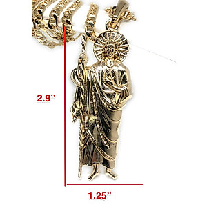 Fran & Co. Jewelry Gold Plated Big Saint Jude Pendant Necklace Figaro 26" San Judas Tadeo Medalla XL Cadena Oro