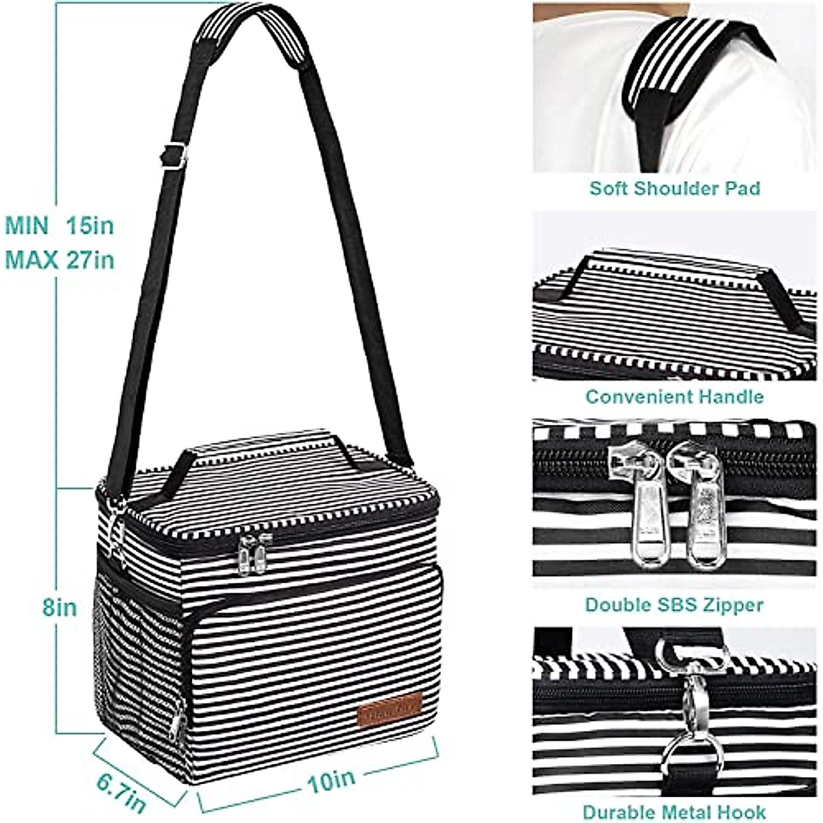 MAXBA Reusable Lunch Box, Insulated Lunch Bag, Office Work Picnic Beach, Lunch Bag for Women, Leak Proof Freezer Bag, Adjustable Shoulder Bag Ladies Lunch Bag