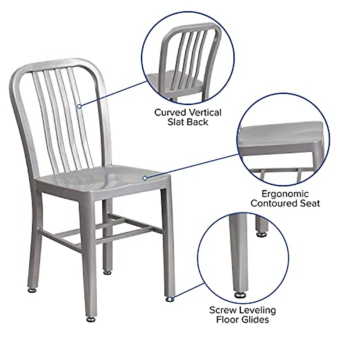 EMMA + OLIVER Commercial Grade Silver Metal Indoor-Outdoor Chair