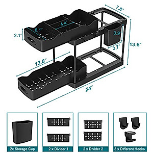 2 Pack Under Sink Organizer, 2 Tier Double Sliding Under Sink Organizers and Storage Multi-Purpose Under Cabinet Storage with Hooks, Hanging Cup, Dividers, for Bathroom Kitchen