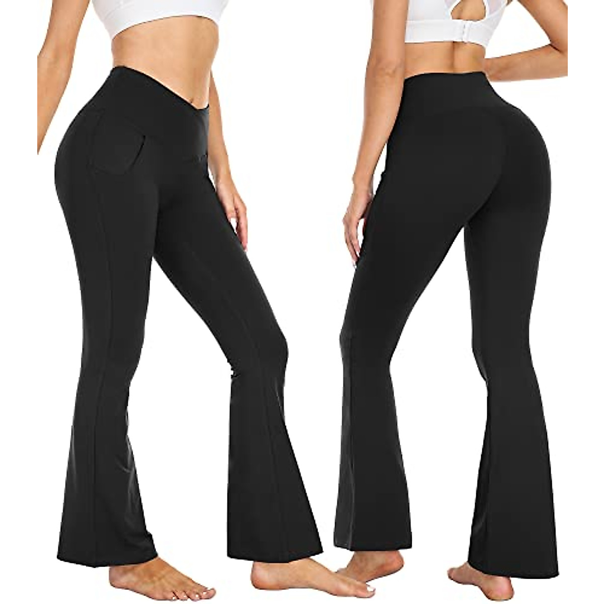 Women's V Crossover Flare Leggings with Pockets,Bootcut High Waisted Yoga Pants Tummy Control Workout Leggings,Black,M