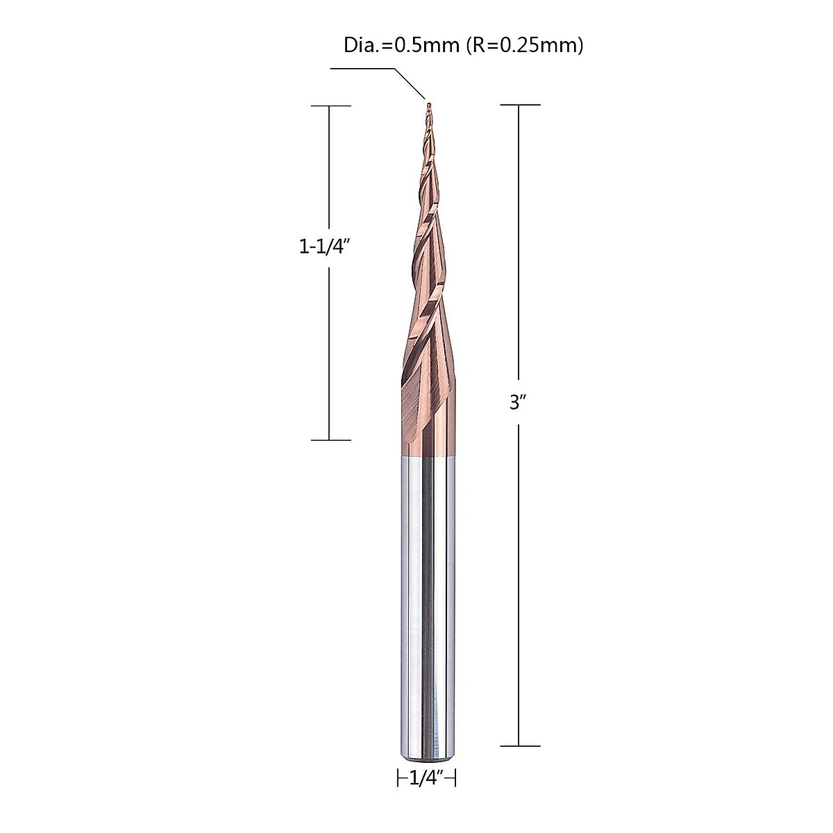 SpeTool Tapered Ball Nose End Mill 1/4" X 3" with 0.5mm Tip Diameter(0.25mm Radius) Ball Nose 5.26Deg Router Bit for CNC Machine Engraving Carving Bits H-Si Coated