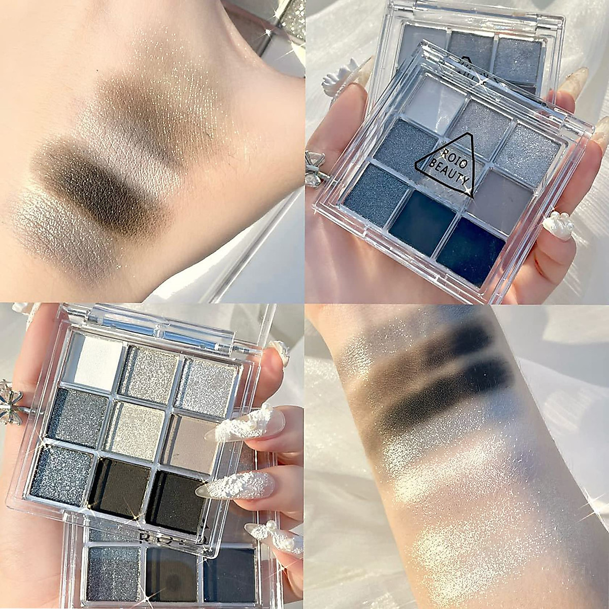 Black Smokey Eyeshadow Palette,9 Colors Glitter Black Silver Grey Brown Eyeshadow Palette,Long Lasting Waterproof Cool Toned Matte Eye Shadow Plattet with Eyeshadow Brush for Girls and Women （Set A）