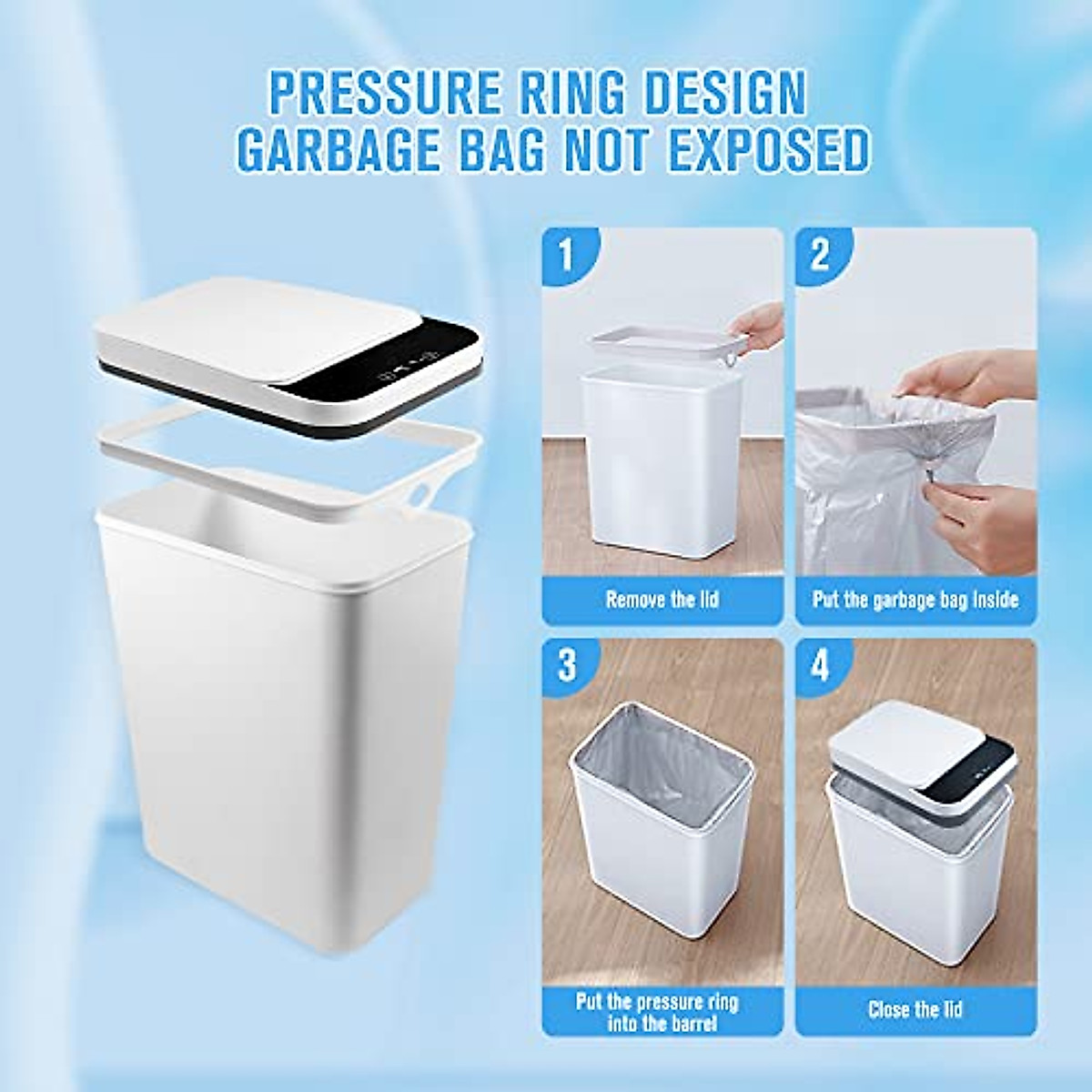 BIGEBAN Touchless Bathroom Trash Can with Lid, 2.5 Gallon Slim Smart Garbage Can, Automatic Motion Sensor Trash Can for Bathroom, Kitchen, Office, Bedroom, Living Room, Toilet (White)