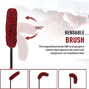 Siomiy Car Wheel Cleaning Brush, Extended Reach Wheel Brush with Long Handle Bendable Car Cleaner Brush Synthetic Wool Car Cleaning Duster for Cleaning Wheels, Rims, Exhaust Tips. (Red-L)