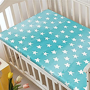 Star Themed Fitted Mini Crib Sheets,Portable Mini Crib Sheets Ultra Soft Material-Baby Sheet for Boys Girls,24“ x38“,Pale Blue and White