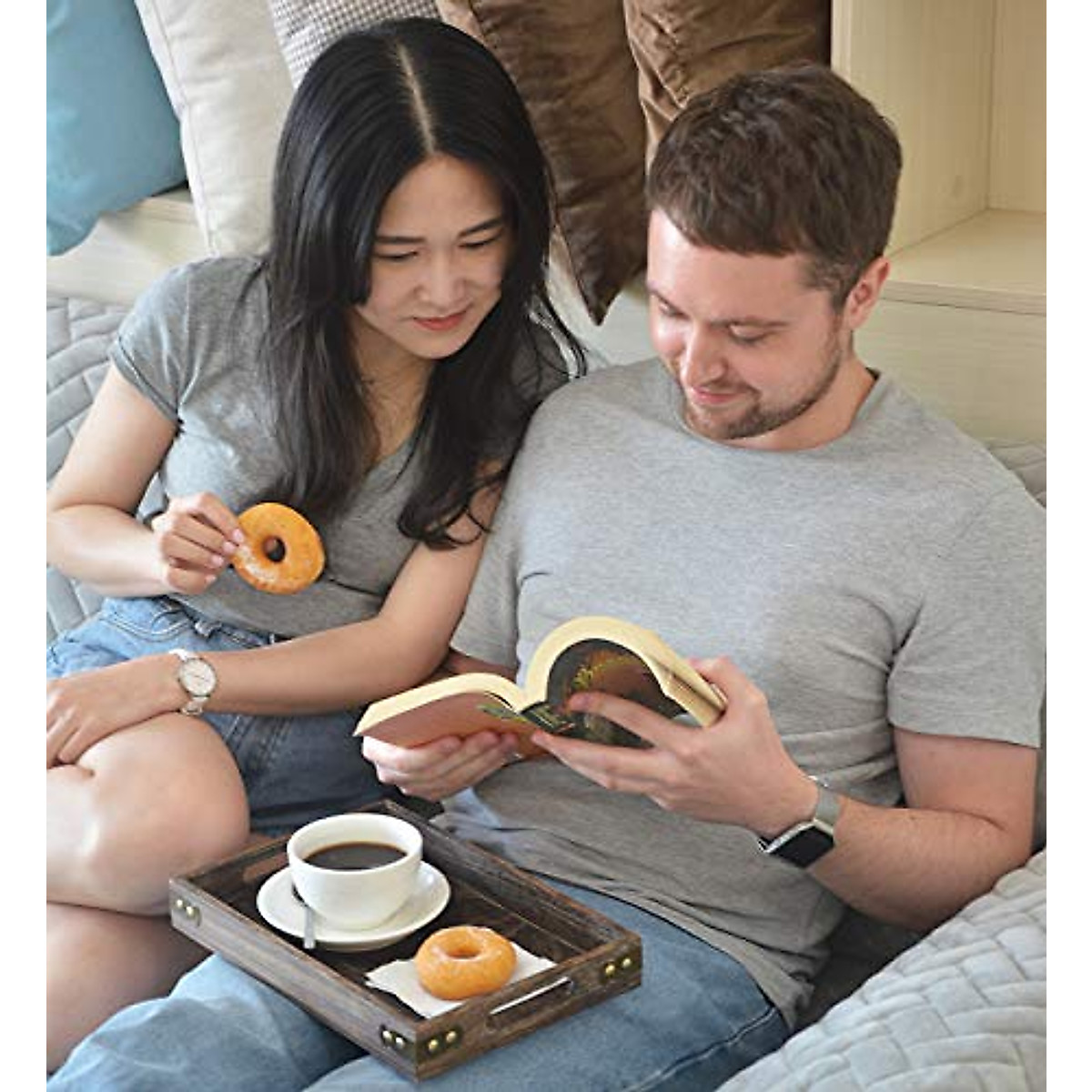 Sufandly Service Tray with Handles, Serve Coffee, Tea, Cocktails, Appetizers, Rectangle Wood Breakfast Bed Tray 11.8X 7.9 Inch