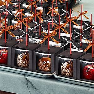 50 Sets Halloween Kraft Candy Apple Boxes with Hole Stick and Ribbons 4x4x4'' Window Clear Favor Boxes Candied Cake Cookies Chocolate Caramel Apple Boxes Gift Treat Boxes for Wedding Party (Black)