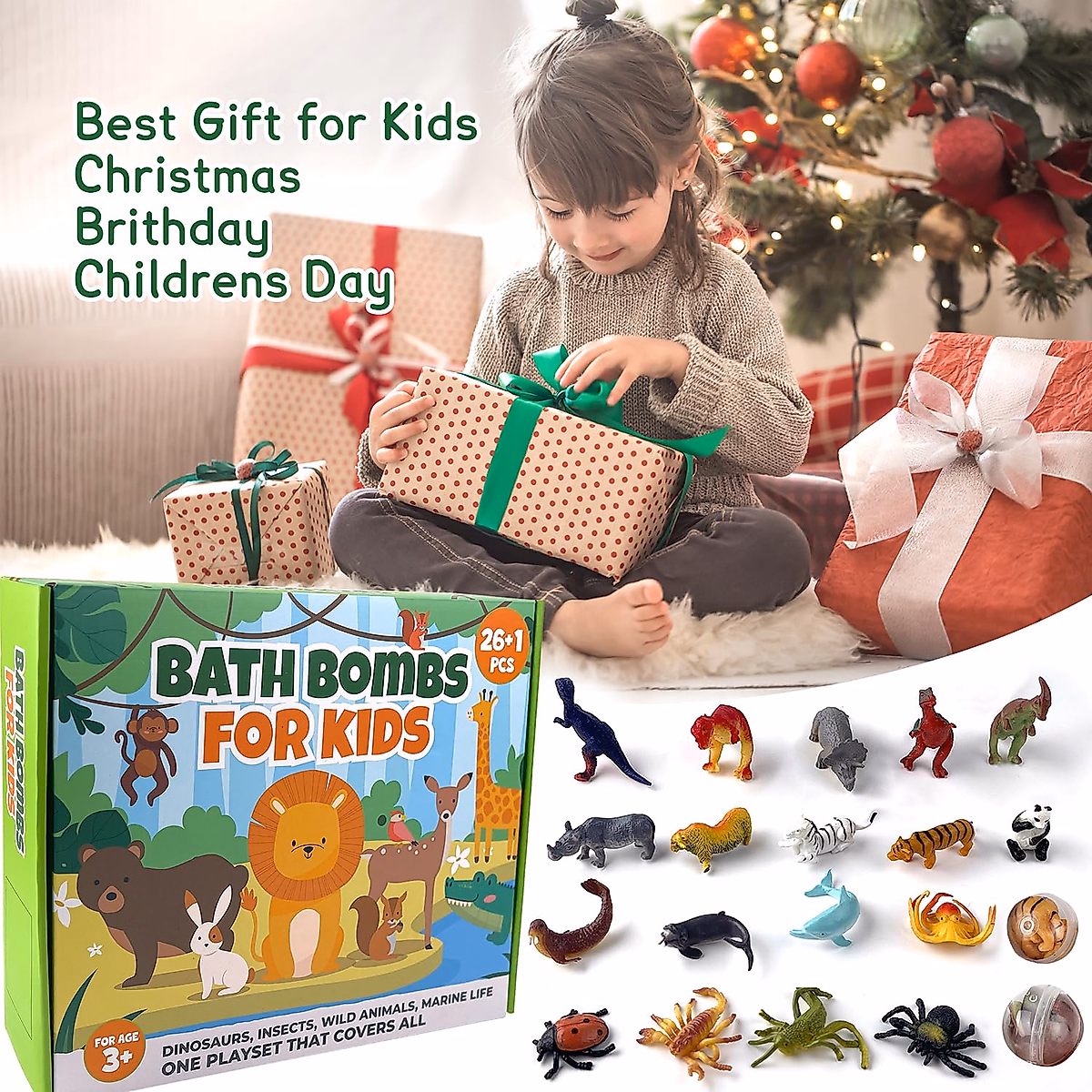 Kids Bath Bombs with Surprise Inside, 26pcs Bath Bombs with Toys and 1 Bear Towel Gift for Boys/Girls, Party Favors for Kids Natural Organic Bubble Bath with Animals Bath Bombs for Christmas