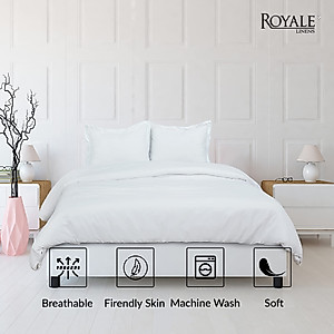 ROYALE White Duvet Cover Queen Size - Washed Duvet Cover Set, 3 Piece Double Brushed Duvet Covers with Button Closure & Corner Ties - 1 Duvet Cover 90x90 inches and 2 Pillow Shams - Comforter Cover