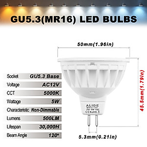 ALIDE MR16 Led Bulbs 5W,50W Halogen Equivalent,Wide Angle 120 Degree,GU5.3 Bi-Pin 5000K Daylight White,12V MR16 LED for Overhead Tracking Flood Recessed Accent Ceiling Landscape Lighting, 6 Pack
