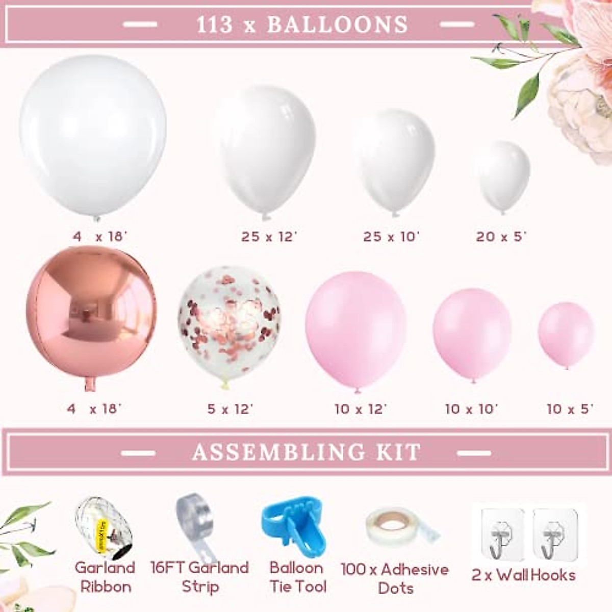 198 PC Bridal Shower Decorations Kit - Includes Balloon Arch & Boxes, A-Z Letters & More - Ideal for Rose Gold White Bachelorette Party, Engagement and Pink Wedding Shower