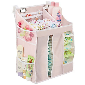 mDesign Baby Nursery Hanging Storage Organizer Caddy and Diaper Stacker for Baby Essentials, Hang on Crib, Changing Table or Wall - Multiple Pockets to Store Wipes, Creams, Lotions,Toys - Light Pink