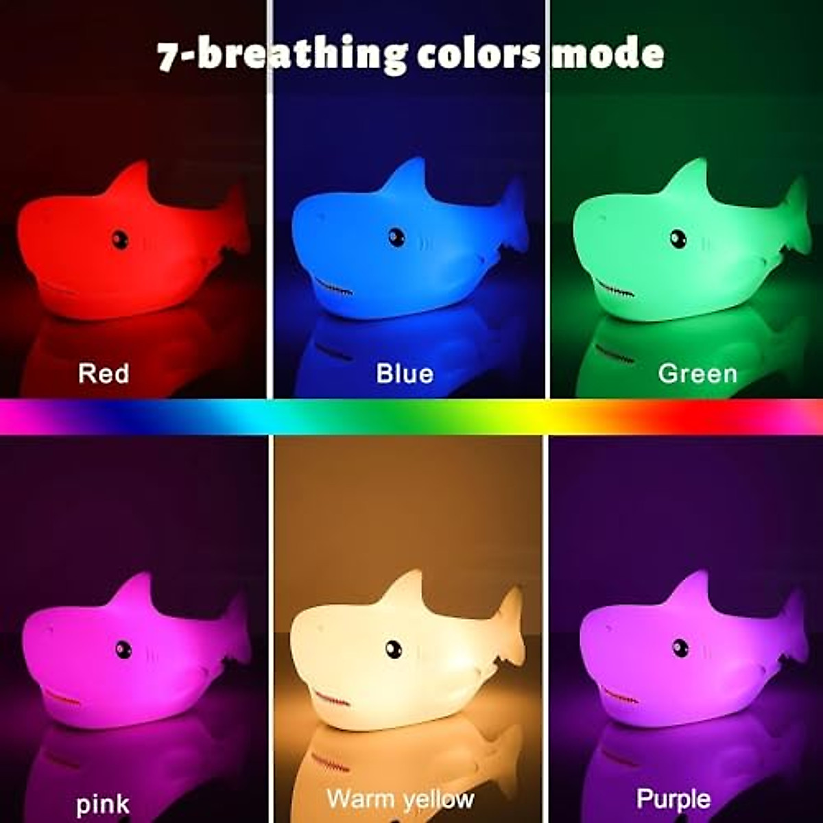 LOVERUIS Cute Night Light for Kids Cute Shark Lamp, Animal Lamp 7 Color Lamp Nightlights Birthday Christmas Gift for Children with USB Rechargeable,Kids Silicone Lamp Kawaii Room Decor