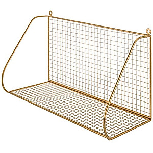MyGift Metal Mesh Wall Hanging Storage Shelves, Wall-Mounted Gold-Tone Perforated Decorative Shelves, Set of 2