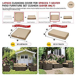 ClawsCover 14Pack Outdoor Seat Cushions Back Pillow Replacement Covers Fit for 5 Pieces 7-Seater Wicker Rattan Patio Conversation Set Sectional Couch Chairs Furniture,Khaki-Cover Only