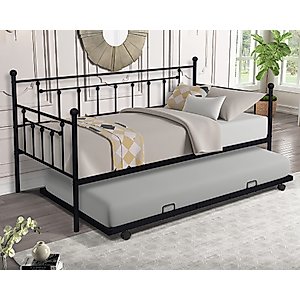 CALABASH Twin Size Daybed and Trundle Frame Set, Metal Frame with Pull Out Trundle for Teens Kids Adults for Living Room Bedroom Room (Black)