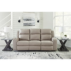 Signature Design by Ashley Lavenhorne Contemporary Faux Leather Manual Reclining Sofa with Drop Down Table, Cup Holders and USB Ports, Beige