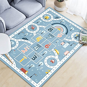 Hopscotch Rug, Hopscotch Mat for Kids Skipping and Jumping, Hop Count Cute Hopscotch Carpet with Non-Slip Backing，Suitable for Girls & Boys Bedroom, Playroom, Nursery(32×47inchs)