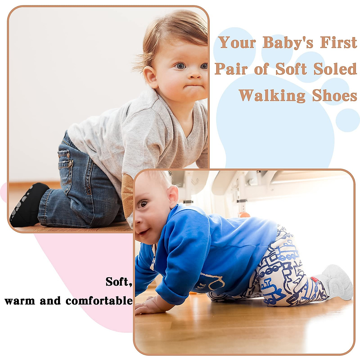 Bencailor 2Pair Baby Booties Unisex Newborn Baby Cotton Booties Warm Sock Shoes Nonslip Stay on Baby Shoes with Gripper Soles (Black, White,6-12 Months)