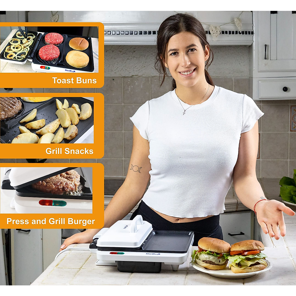 Hamburger Grill Maker by StarBlue with FREE Burger Press and Recipes eBook - Portable and Multipurpose Machine AC120V 60HZ 1000W