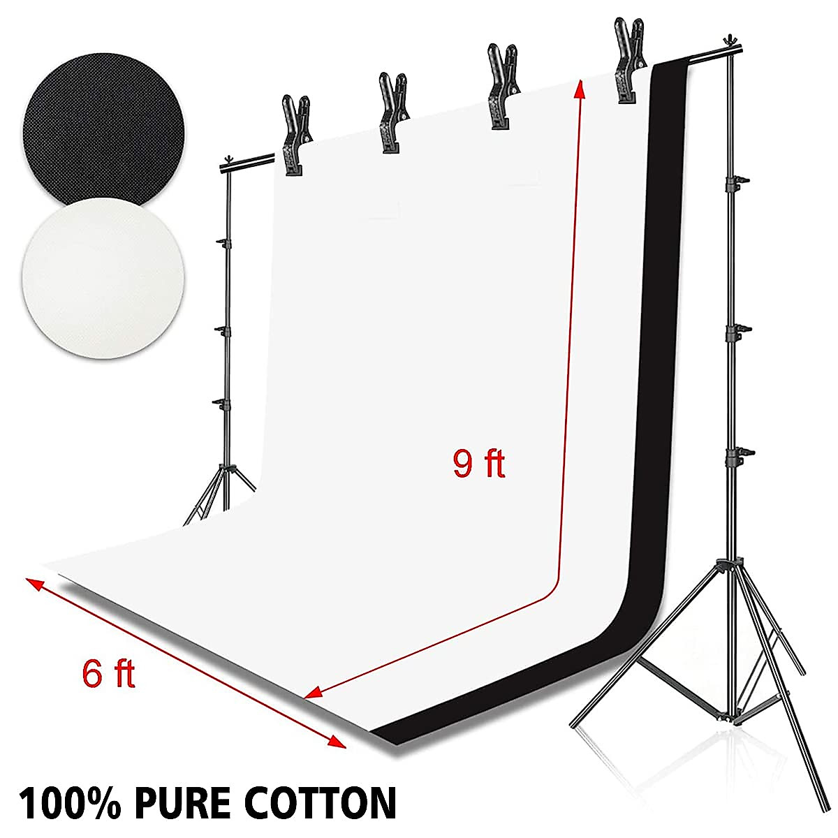 HYJ-INC Photo Background Support System with 8.5 x 10ft Backdrop Stand Kit, 100% Cotton Muslin Backdrop (White Black),Clamp, Carry Bag for Photography Video Studio