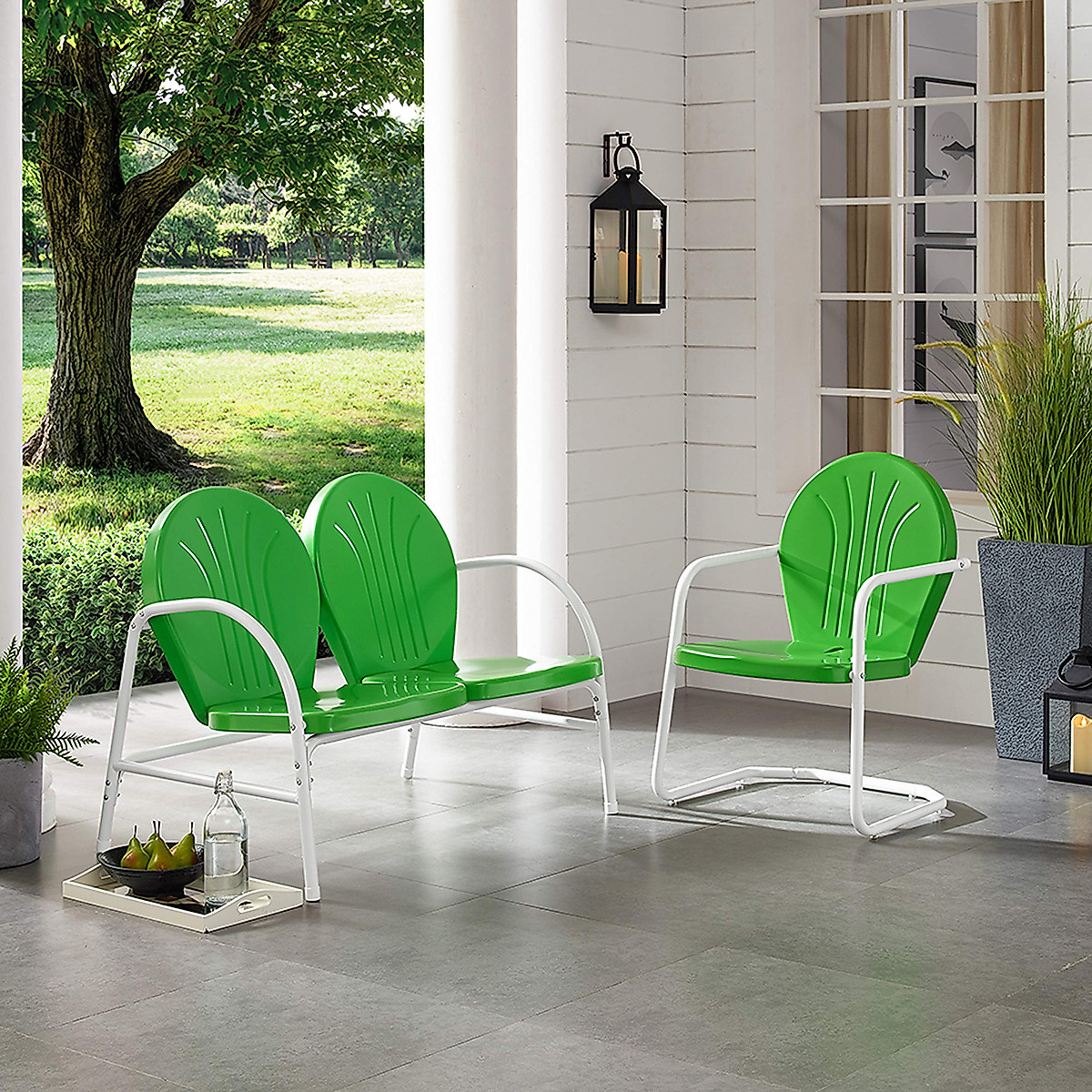Crosley Furniture Griffith 2-Piece Retro Metal Outdoor Chair and Loveseat Patio Furniture Set for Porch, Grasshopper Green