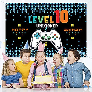 HAMIGAR 6x4ft Happy 10th Birthday Baner Backdrop - Level 10 Unlocked Birthday Decorations Party Supplies for Boys - Blue