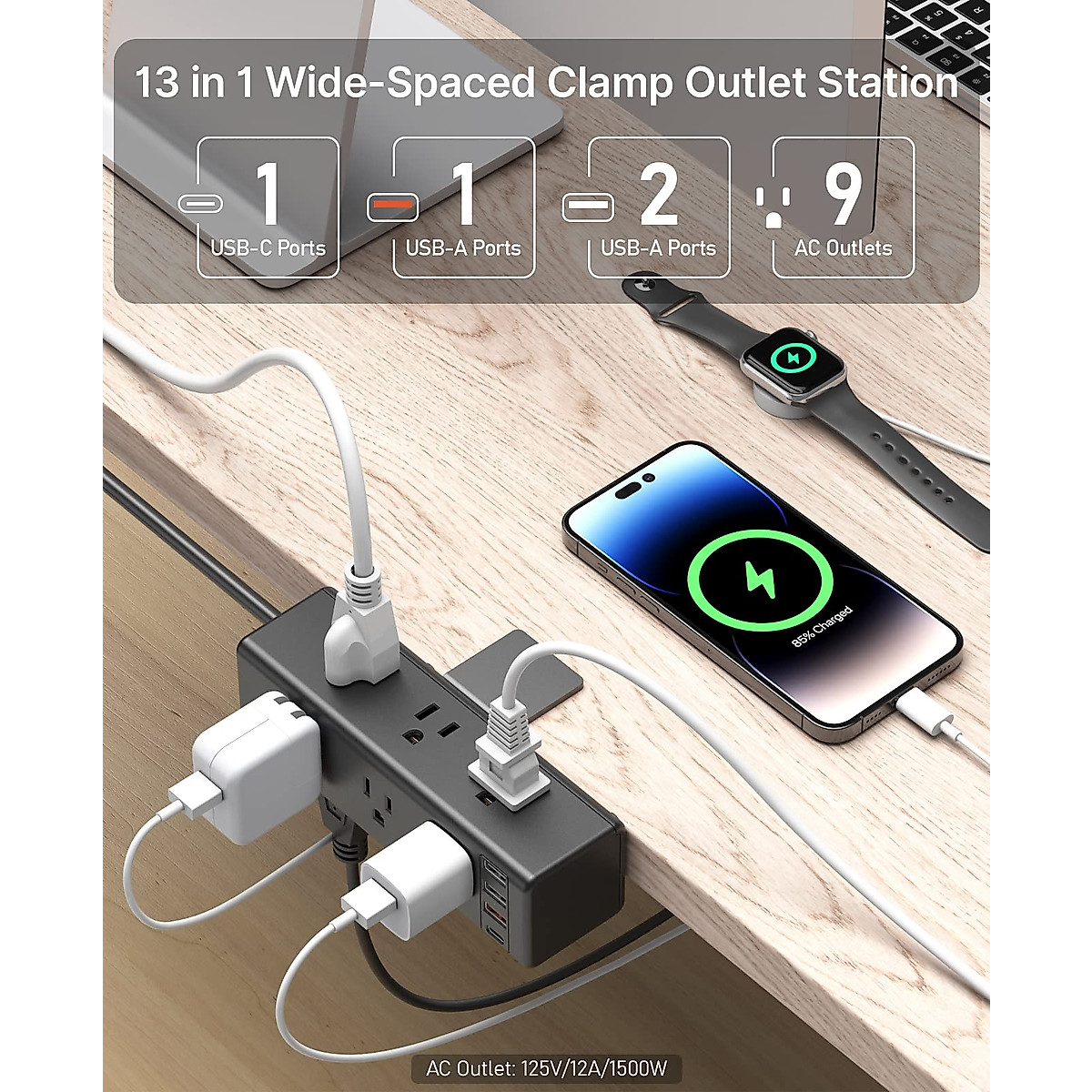 CCCEI Desk Side Clamp Power Strip with 9 Outlet, Desk Top Tube Edge Mount Outlet with USB-A and USB-C Ports, Under Desk Table Leg Widely Spaced Surge Protector Outlet Station, Fit 1.1 inch Edge, 6FT.