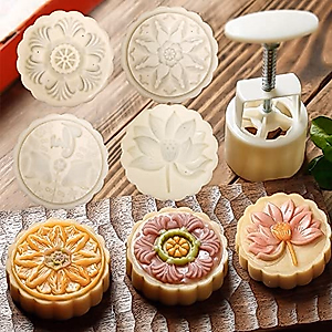 Moon Cake Mold Set 125g, Mid-Autumn Festival Hand-Pressure, Cookie Stamps for baking Mooncake Press for 4 Sets…