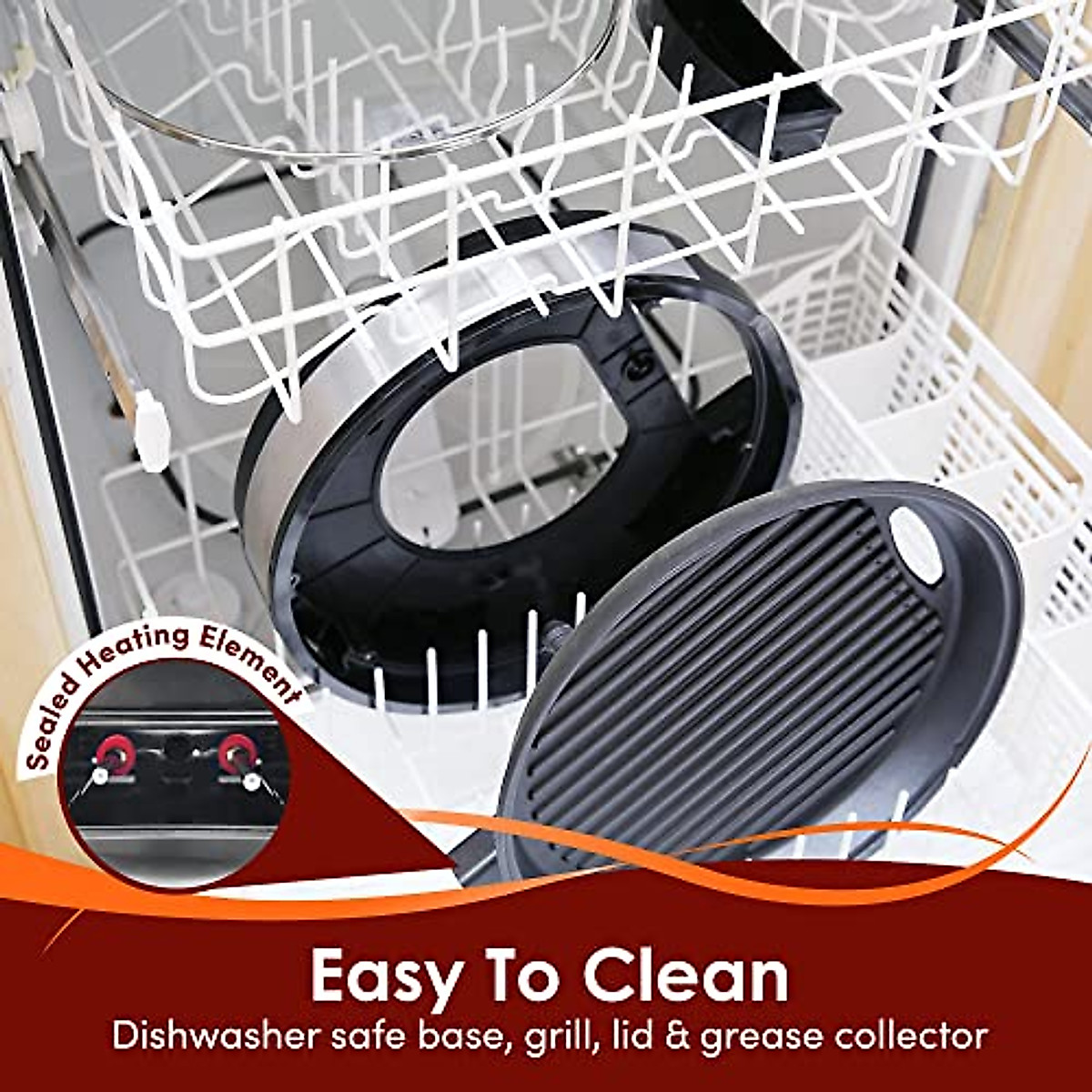 Elite Gourmet EMG6505G Smokeless Indoor Electric BBQ Grill with Glass Lid Dishwasher Safe, Nonstick, Adjustable Temperature, Fast Heat Up, Low-Fat Meals Easy to Clean Design