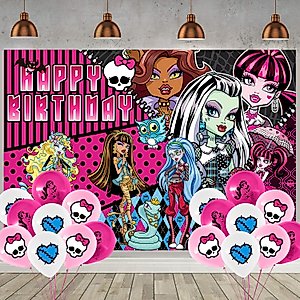 19Pcs Monster High Birthday Party Supplies,1 Happy Birthday Backdrop,18 Ballons for Monster High Party Decorations, 5 x 3FT Birthday Banner for Girls Boys Kids Birthday Party Decorations