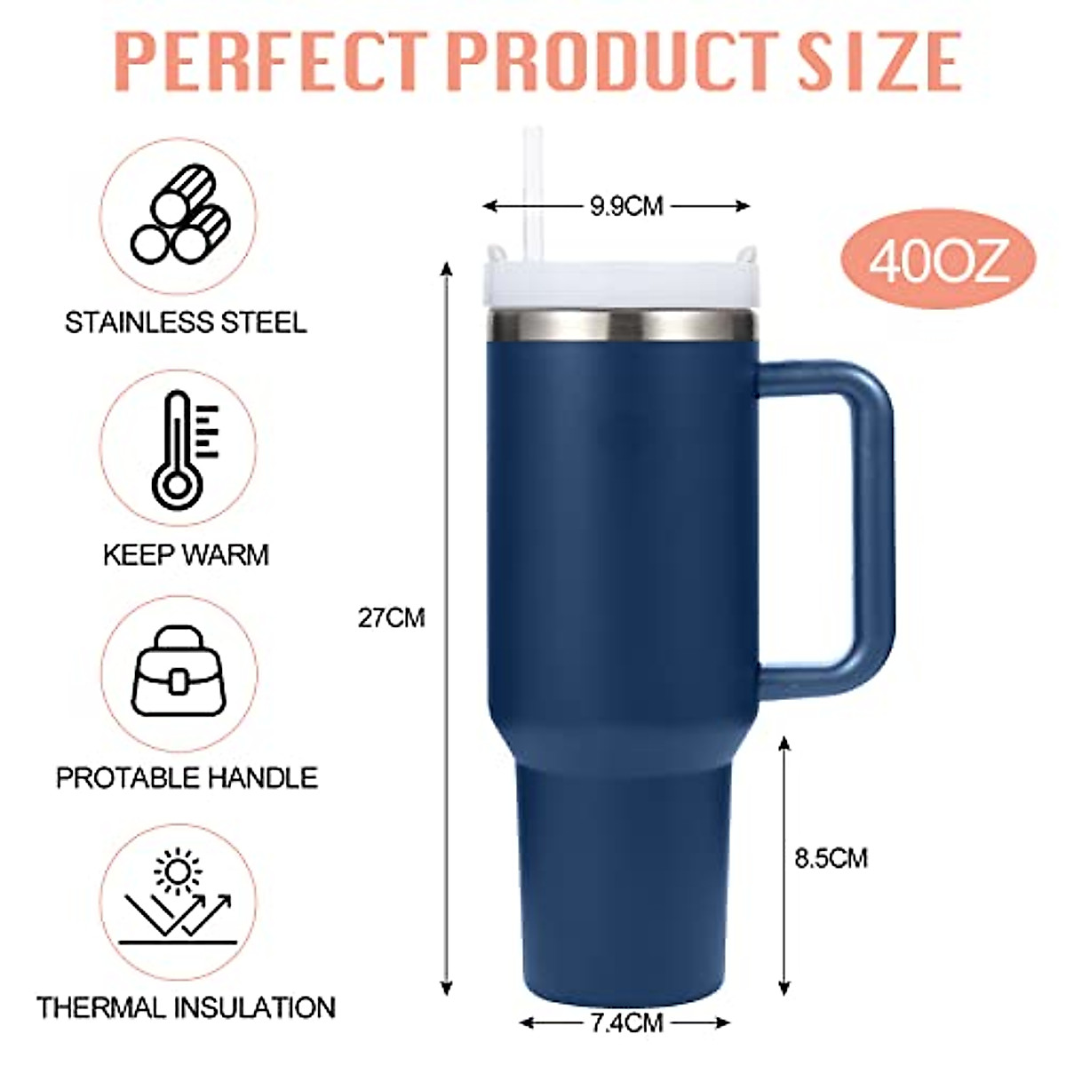 Buschun 40 oz Tumbler With Handle and Straw Lid Insulated Reusable Stainless Steel Water Bottle Travel Mug Iced Coffee Cup for Car and Home and Cold Beverages (Storm Blue)