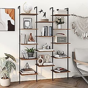 Tohomeor Triple Wide Bookshelf Wall Mounted 5-Tiers Ladder Book Shelf Industrial Wooden and Metal Bookshelf Open Display Storage Rack for Living Room Bedroom Home Office (Rustic Brown, Large)