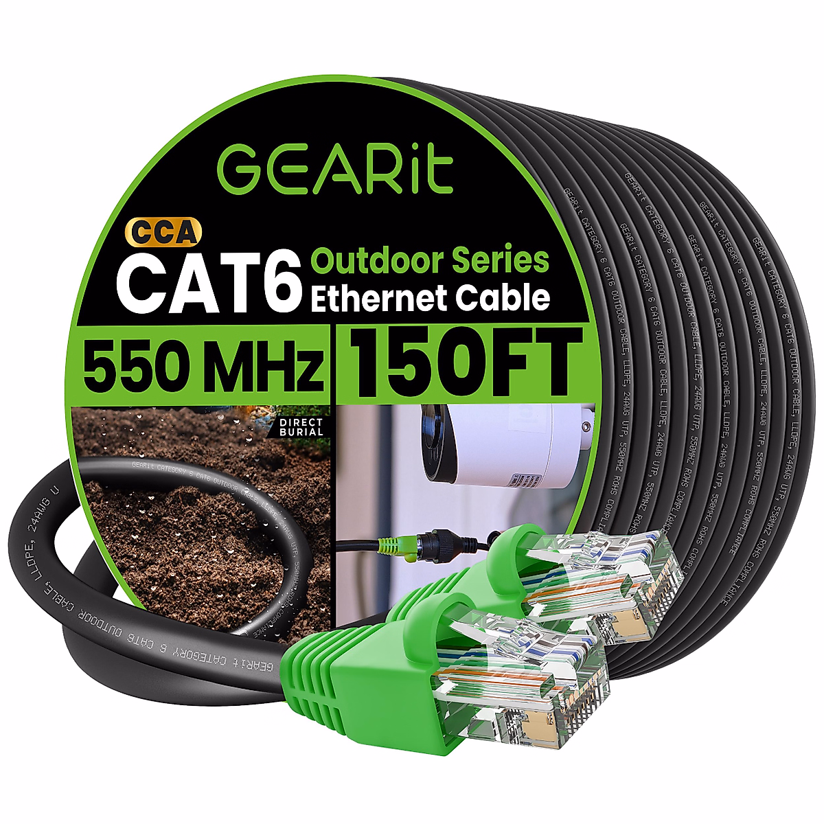 GearIT RJ45 Cat-6 Ethernet Patch Cable, 10Gpbs Transfer Speed, Gold-Plated Connectors, Copper Clad, Outdoor, UV Resistant, Direct Burial, Waterproof, Durable, 150 Foot (45.7 Meters), Black